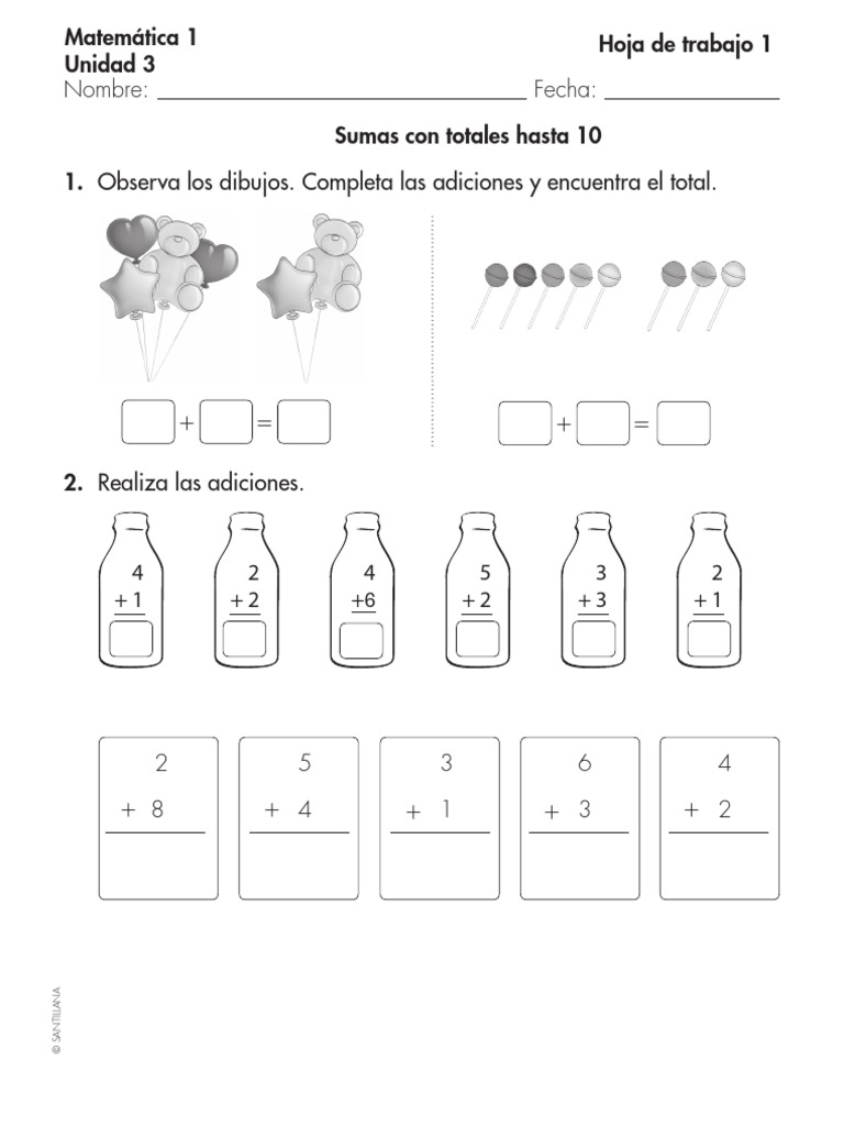 Sumas hasta 10: Hoja de Trabajo Matemática | PDF