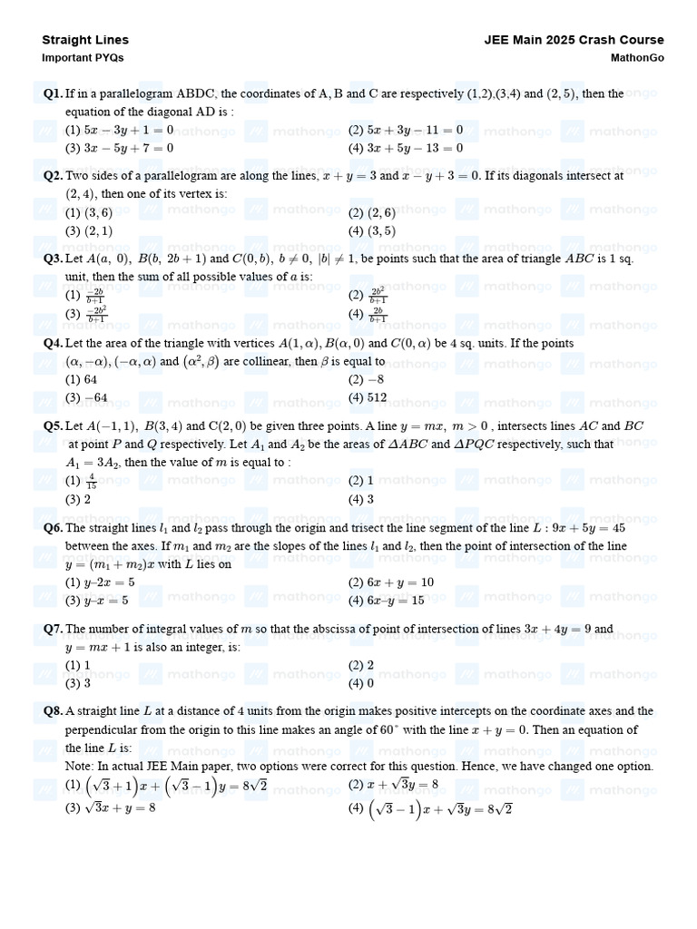 Important PYQs - Straight Lines | PDF | Triangle | Elementary Geometry