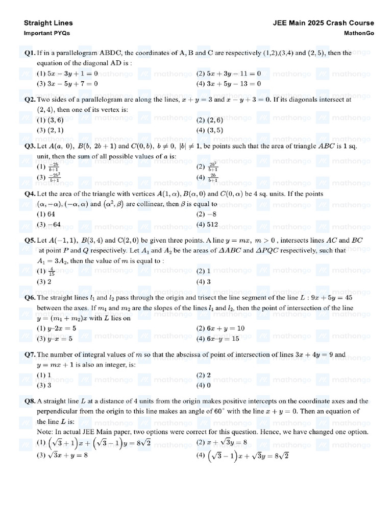 Important PYQs - Straight Lines2 | PDF