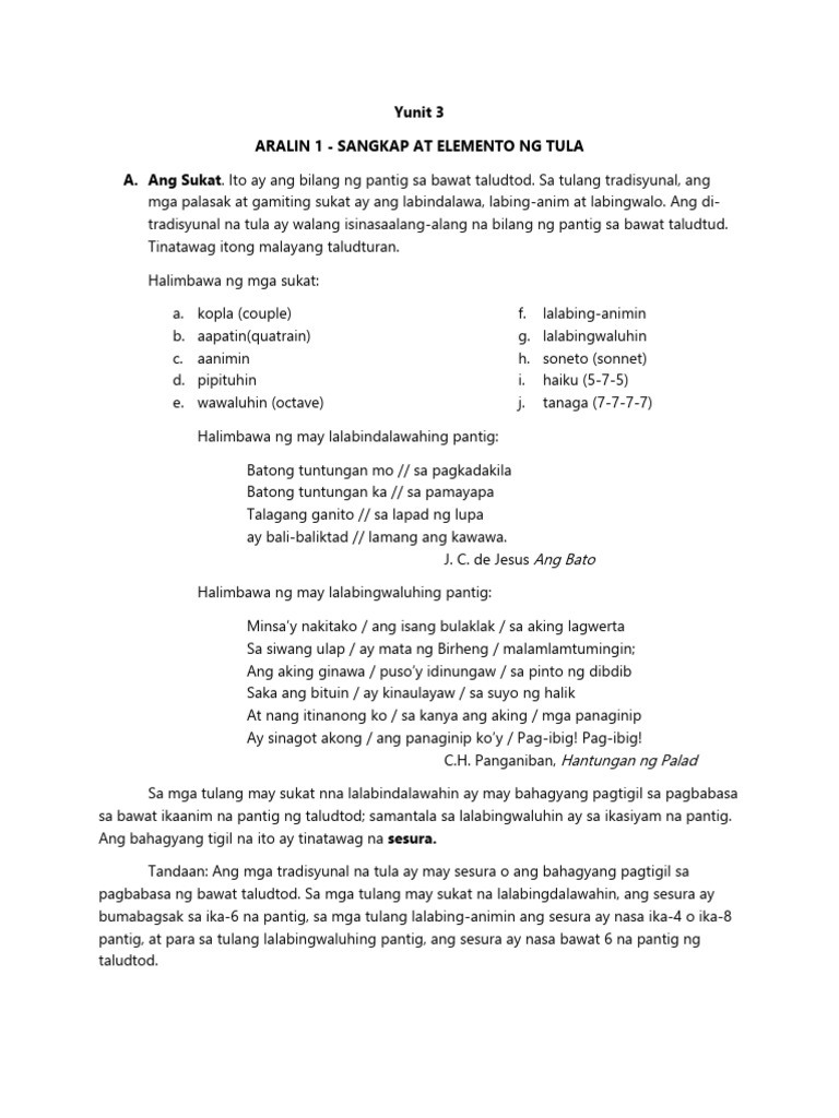 Yunit 3 Aralin 1 Ang Mga Elemento at Sangkap NG Tula HC | PDF