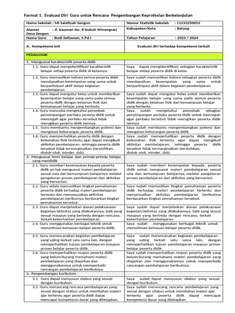 Evaluasi Guru Yang Memuat Rencana PKB Pak Wawan | PDF