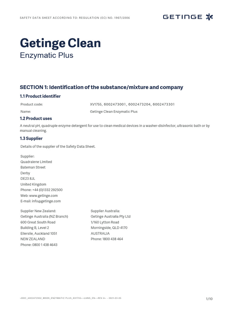 Getinge Clean Enzymatic Plus Sds Anz en Anz | PDF | Toxicity | Personal ...