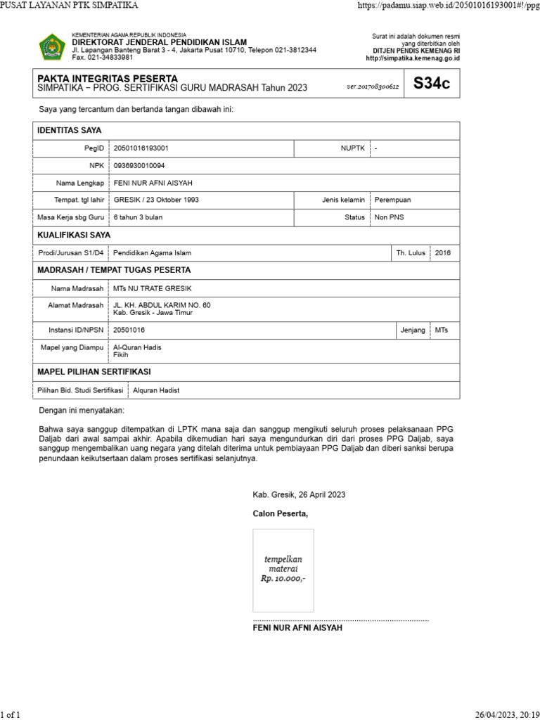 Pakta Integritas Feni | PDF