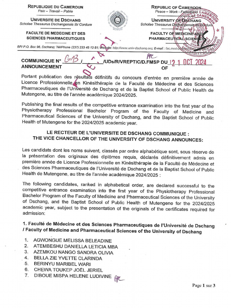 Résultats Concours KINE1 2024.2025-FMSP-BSPH de Mutengene | PDF