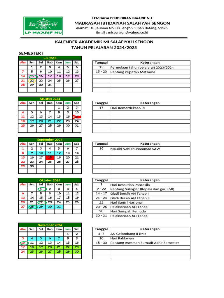 Kalender Akademik MI Salafiyah 2024/2025 | PDF
