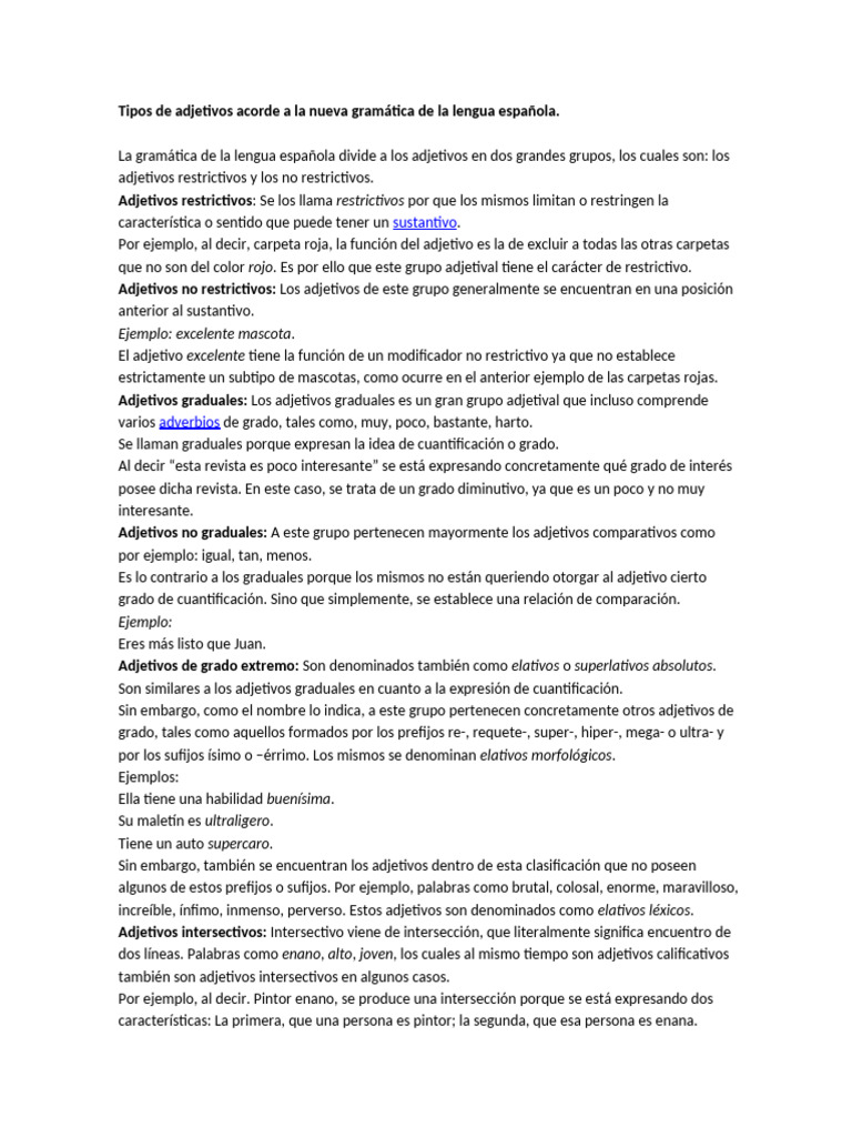 Tipos de adjetivos en español | PDF | Adjetivo | Tipología Lingüística