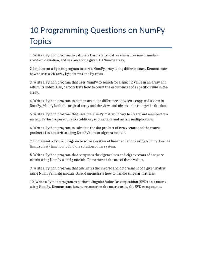 Numpy Programming Questions | PDF | Computers Numpy Programming Questions | PDF | Computers