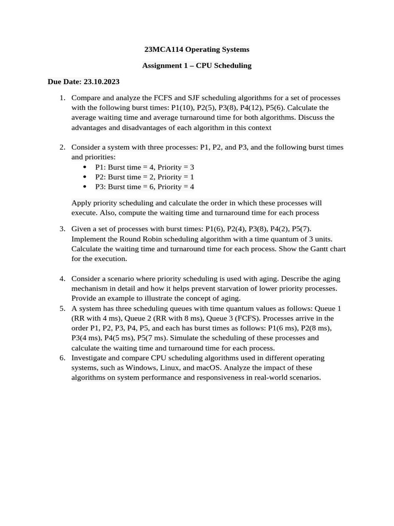 23MCA114 Operating Systems Assignment 1 | PDF 23MCA114 Operating Systems Assignment 1 | PDF