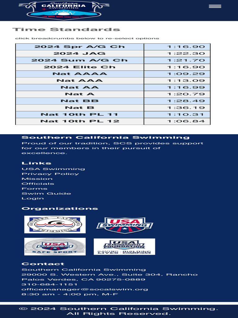 Competitive Swim Time Standards | PDF