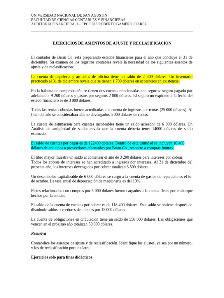 EJERCICIOS DE ASIENTOS DE AJUSTE Y RECLASIFICACION | PDF