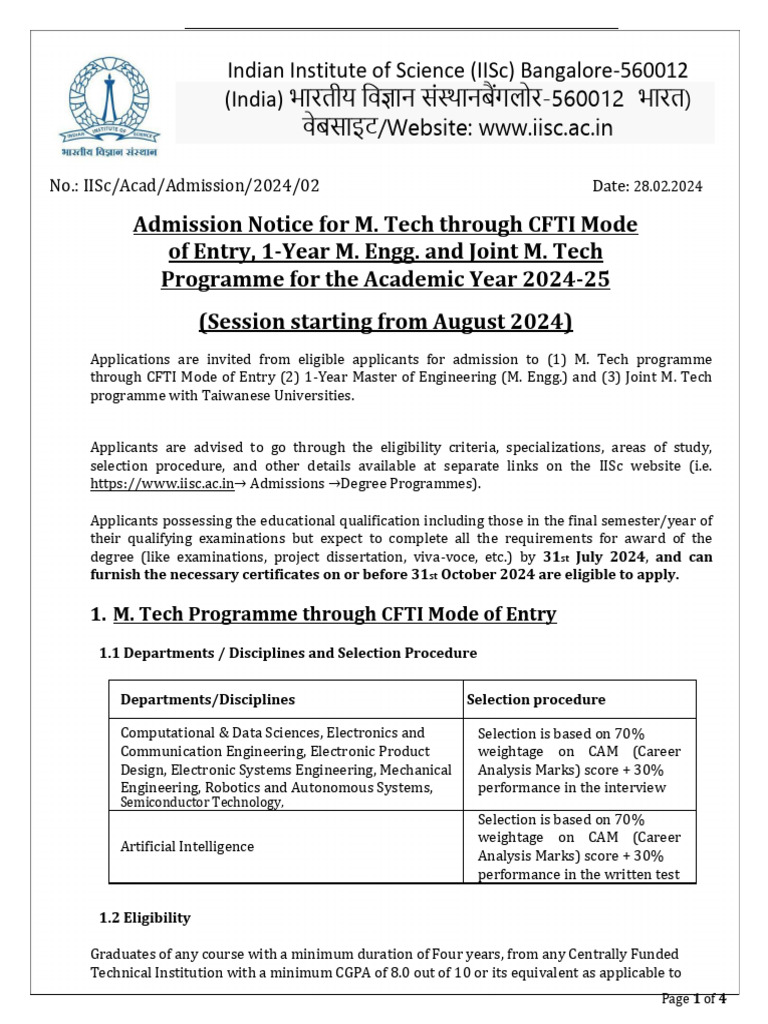 IISc M. Tech Admission via CFTI Mode | PDF | Business | Computers