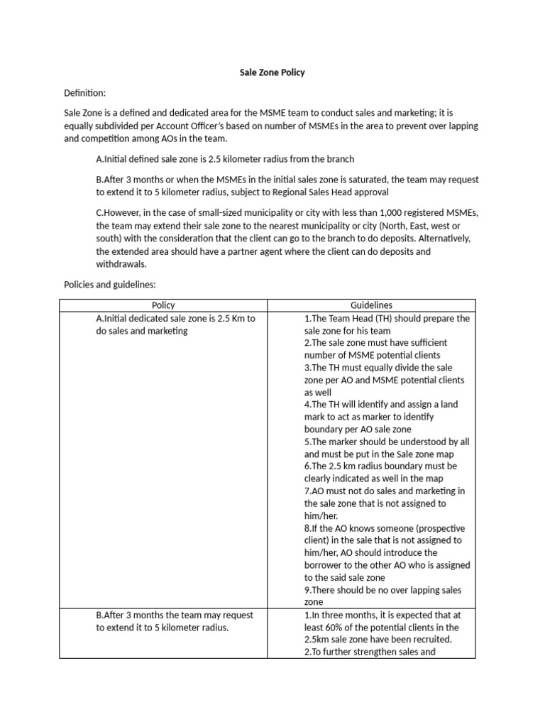 Sale Zone Policy | PDF | Finance & Money Management