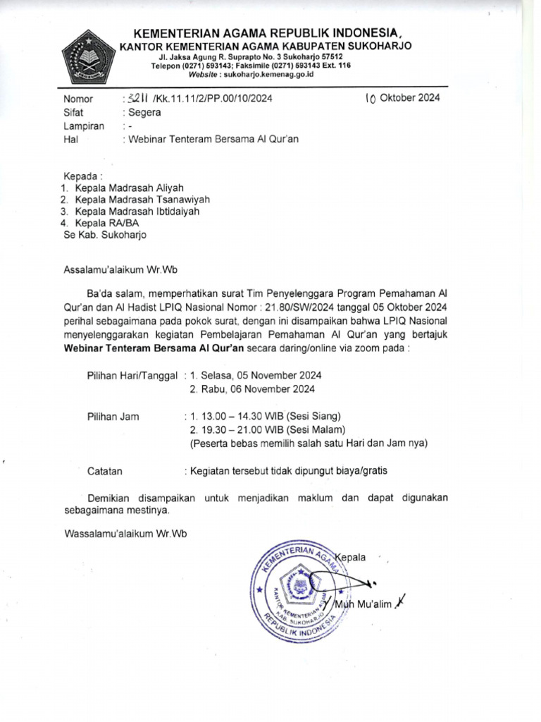 Surat Pemberitahuan Webinar Tenteram Bersama Al Qur'an | PDF