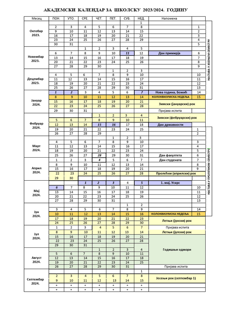 8.1. Akademski Kalendar 2023-2024 | PDF