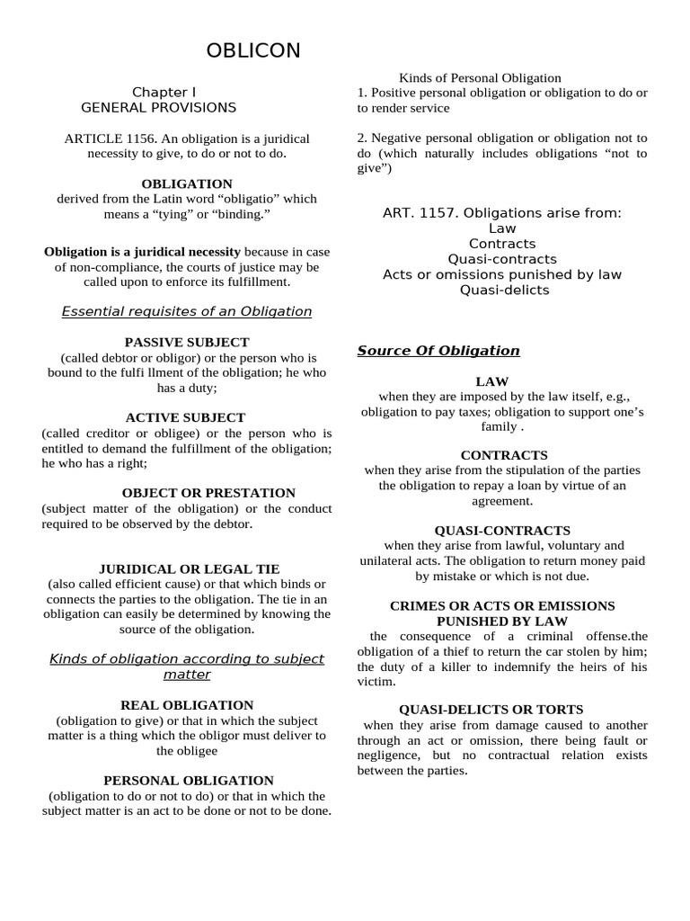 Oblicon Reviewer | PDF | Law Of Obligations | Payments