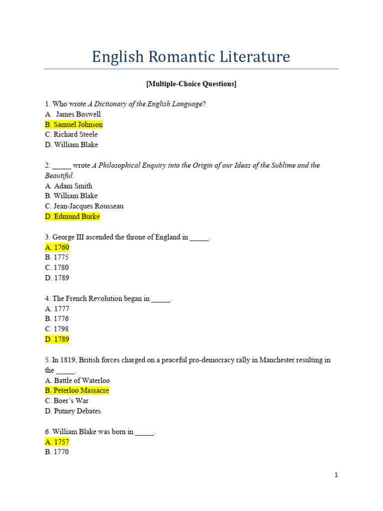 English Romantic Literature Mcqs | PDF | Samuel Taylor Coleridge ...