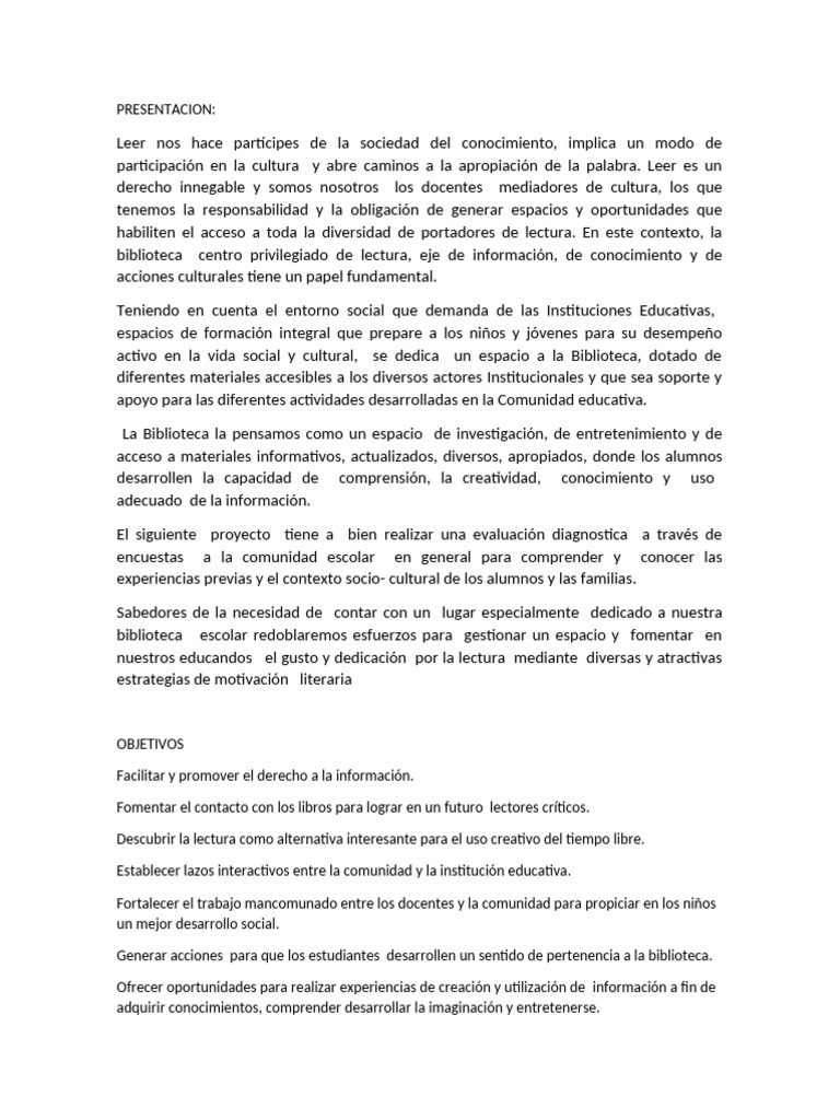 PROYECTO DE BIBLIOTECA | PDF | Biblioteca escolar