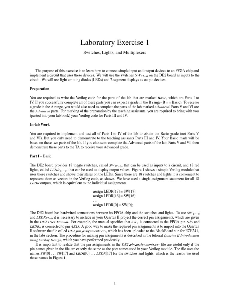 Laboratory Exercise 1: Switches, Lights, and Multiplexers | PDF | Field ...