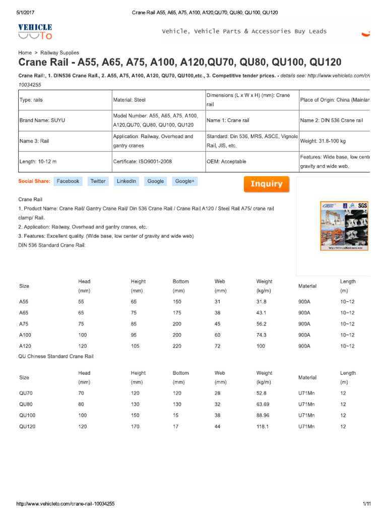 Crane Rail A55, A65, A75, A100, A120, QU70, QU80, QU100, QU120 AS PER ...