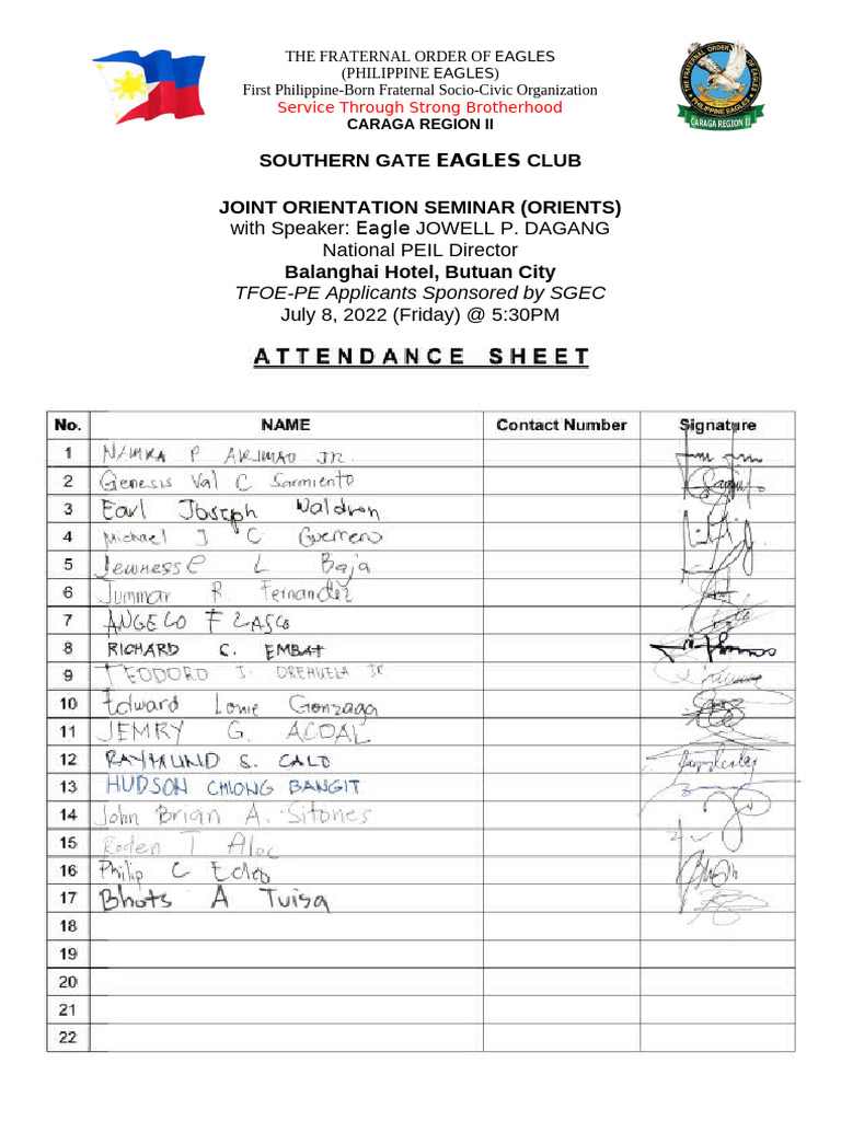 Attendance Sheet - Orientation | PDF