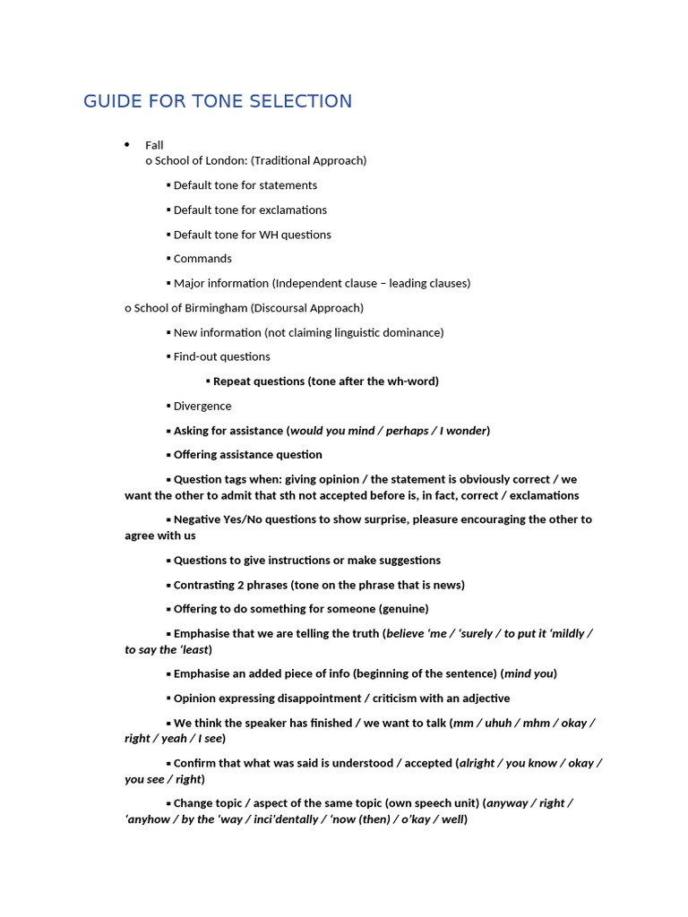Phonetics - GUIDE FOR TONE SELECTION | PDF | Question | Sentence ...