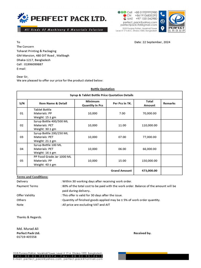 Toharat Printing & Packaging Bottle Quotation.-1 | PDF