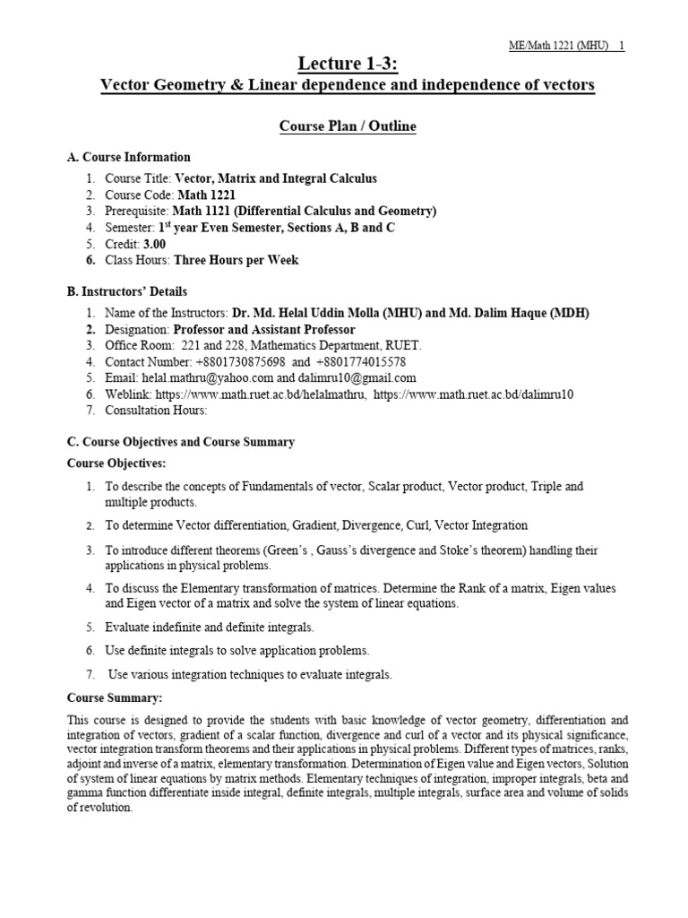 Lecture-1-3 Vector Geometry | PDF | Integral | Matrix (Mathematics)