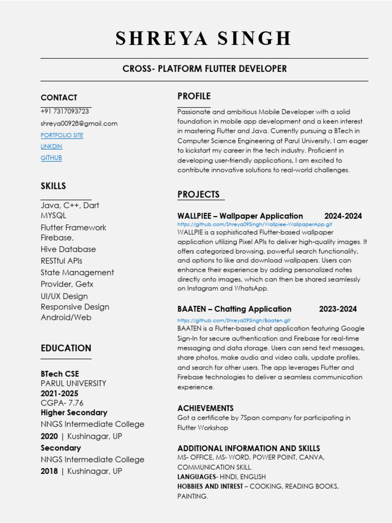 Shreya Singh Resumee | PDF | Application Software | Mobile App