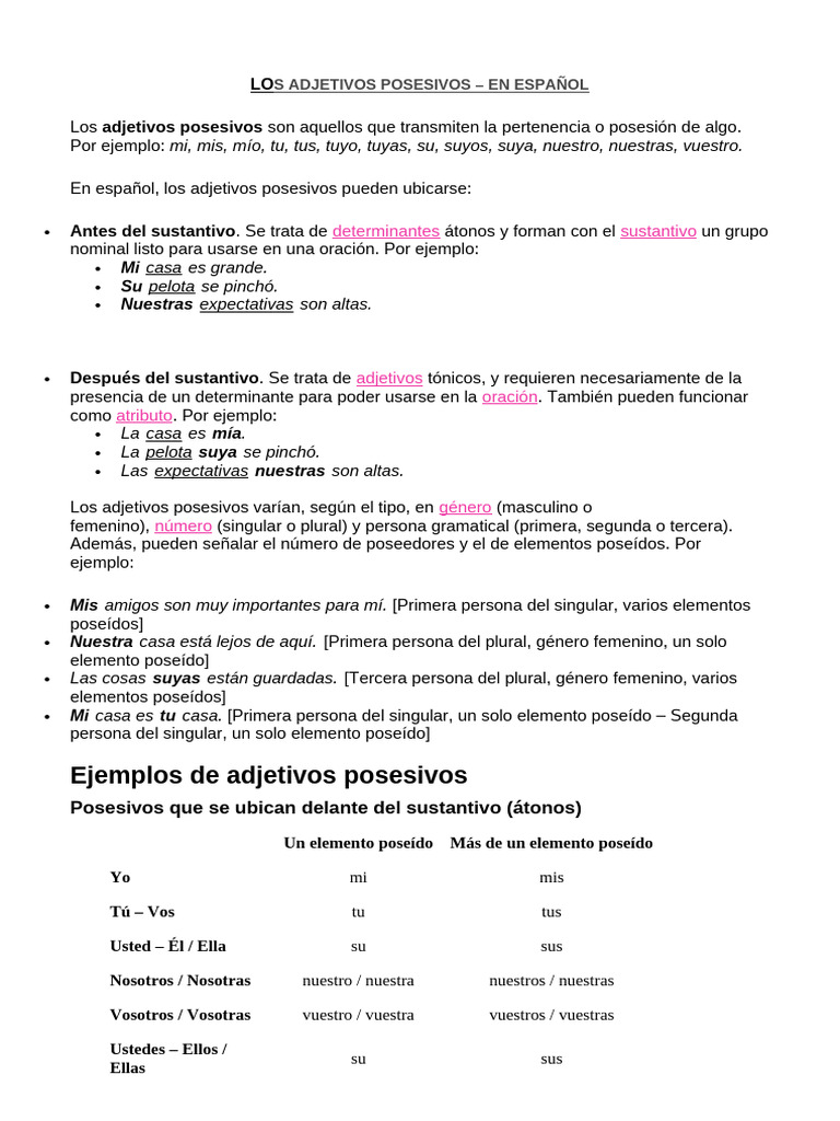 Guía de Adjetivos Posesivos | PDF | Adjetivo | Género gramatical