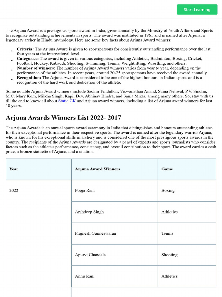 Arjuna award winners_ Know the Arjuna Awards Winners List Here | PDF