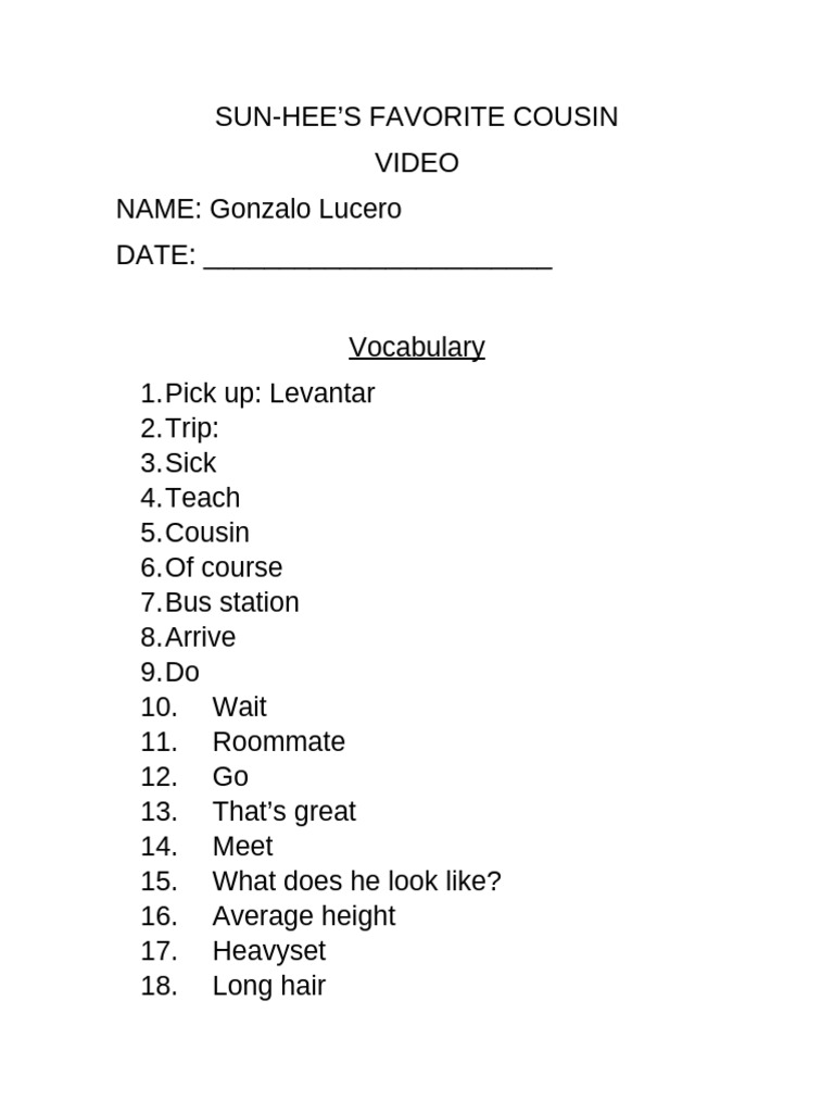 Sun Hee's Favorite Cousin Questions | PDF | Language Arts & Discipline