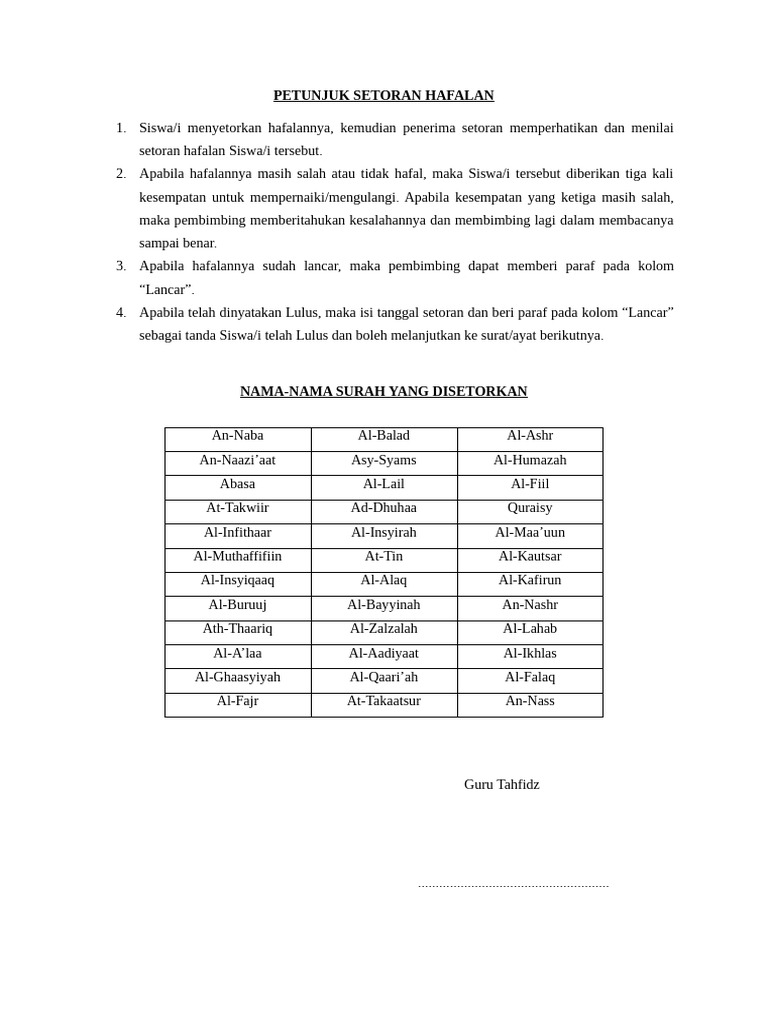 Petunjuk Setoran Hafalan | PDF