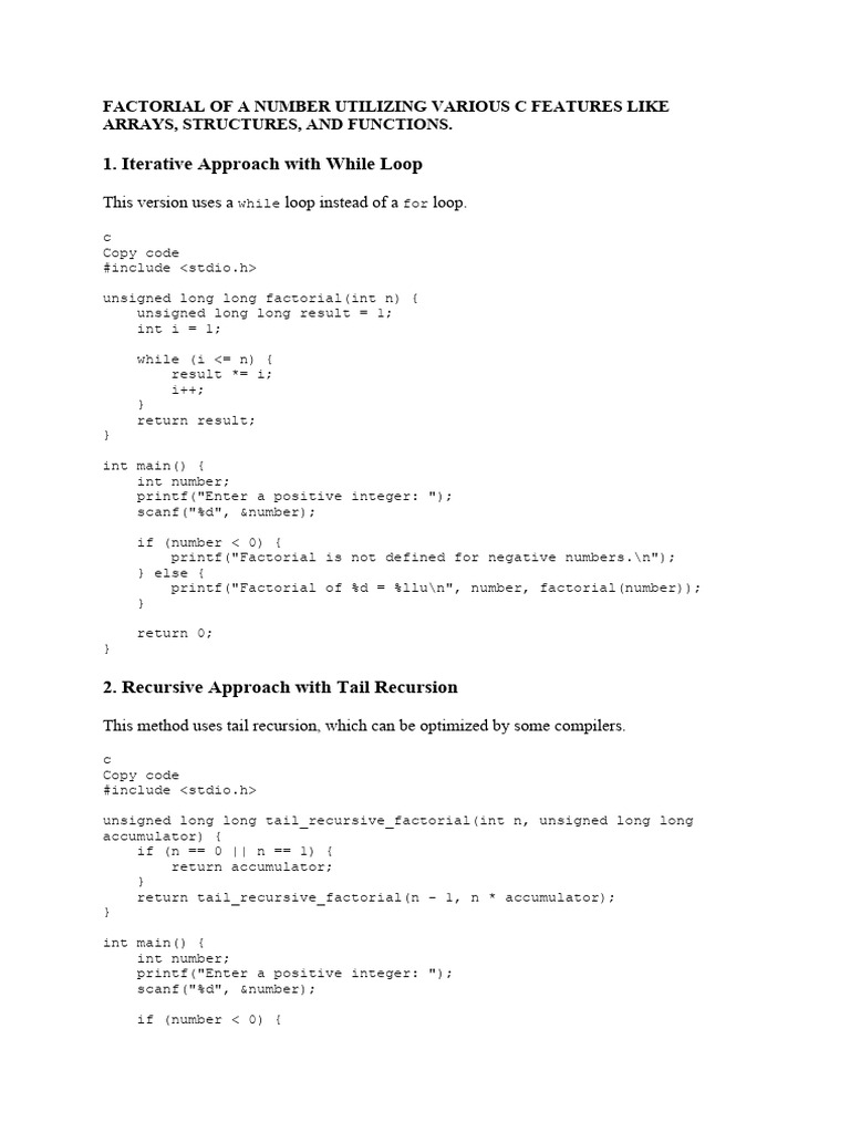 Factorial of A Number Utilizing Various C Features Like Arrays | PDF | Control Flow | Computing