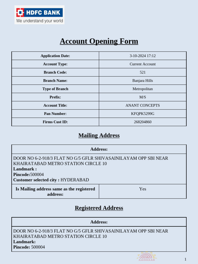 Current Account Opening Form for ANANT CONCEPTS | PDF | Cheque ...