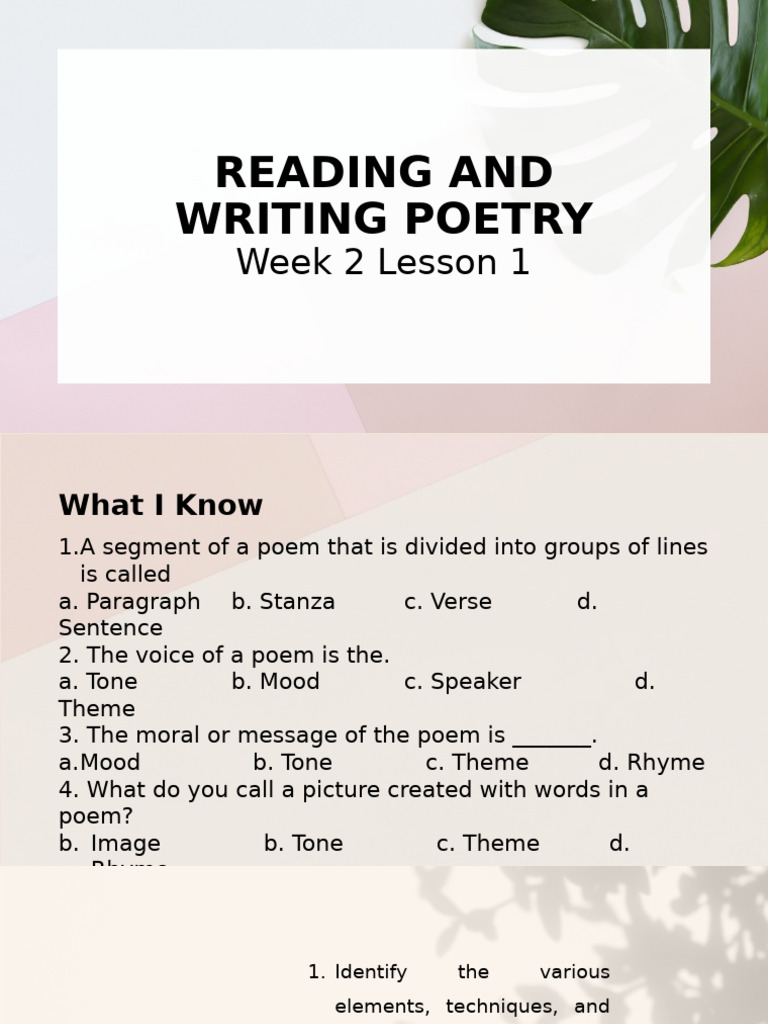 Reading and Writing Poetry: Week 2 Lesson 1 | PDF | Poetry