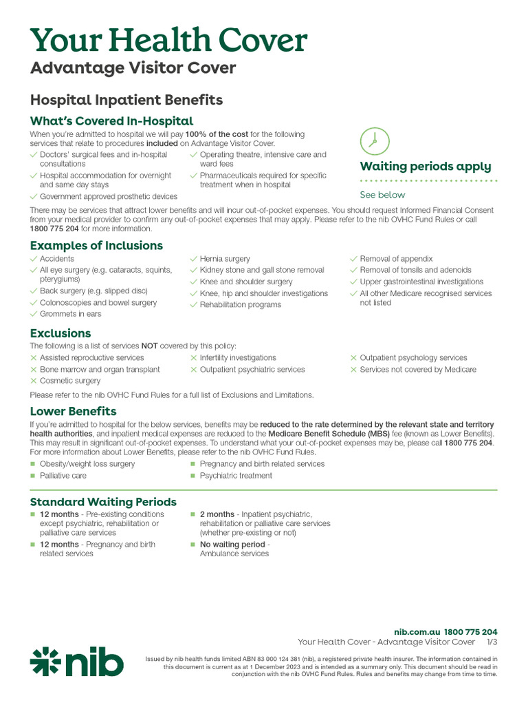Nib Advantage Visitor Cover Factsheet | PDF | Hospital | Surgery