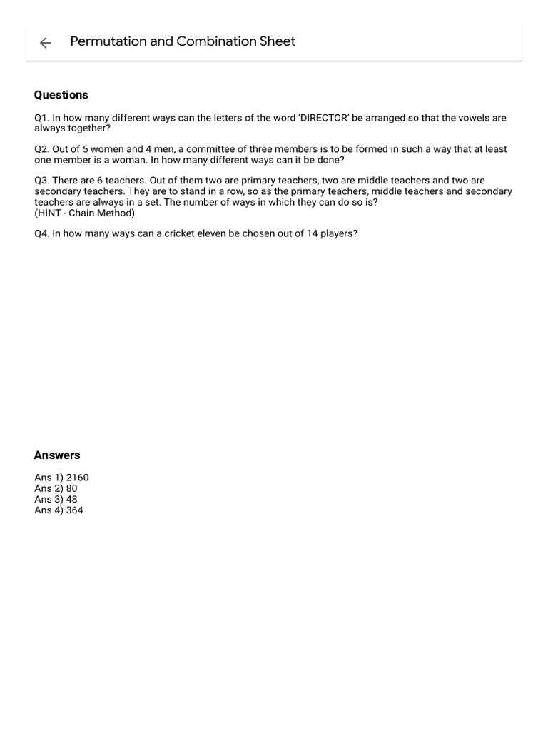 Permutation and Combination Sheet | PDF