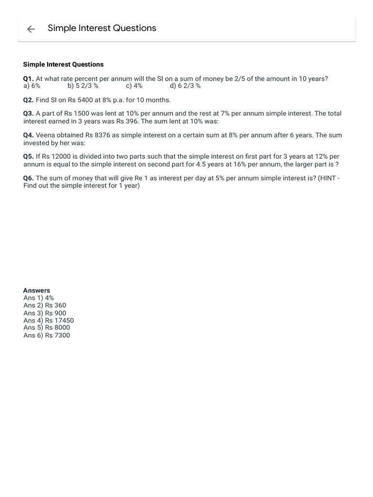 Simple Interest Questions | PDF