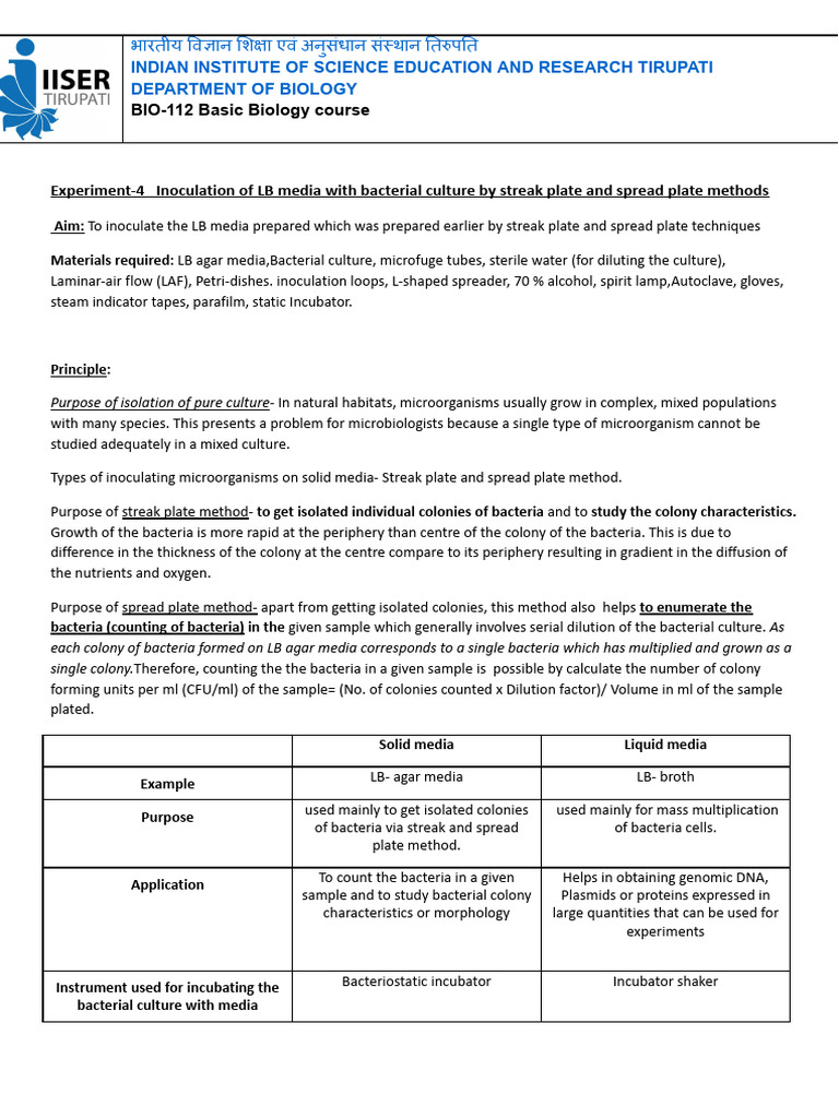 Experiment-4 Inoculation of LB Media by Streak Plate and Spread Plate ...