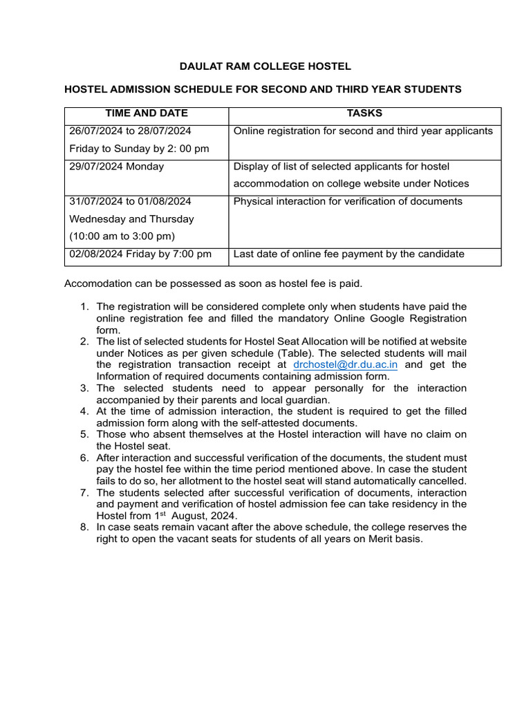 Hostel Admission Schedule 2024-25 | PDF