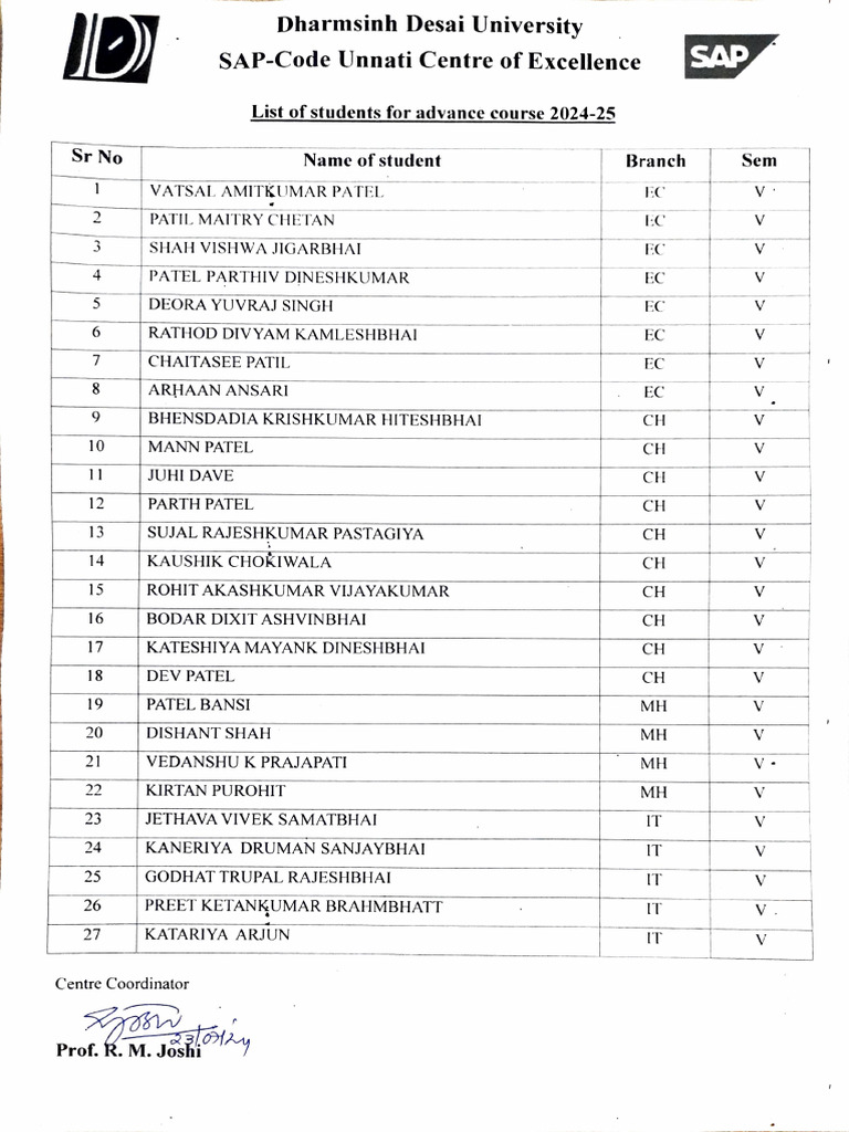 Student List for SAP Course 2024-25 | PDF