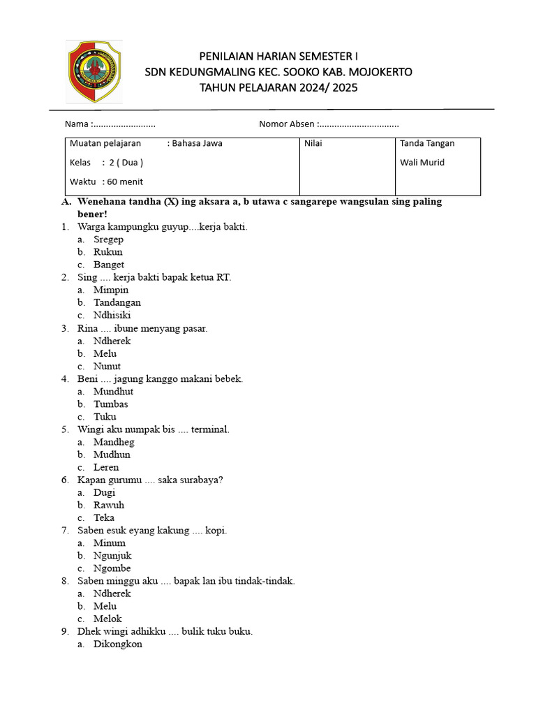 Soal UH Bahasa Jawa kelas 2 | PDF