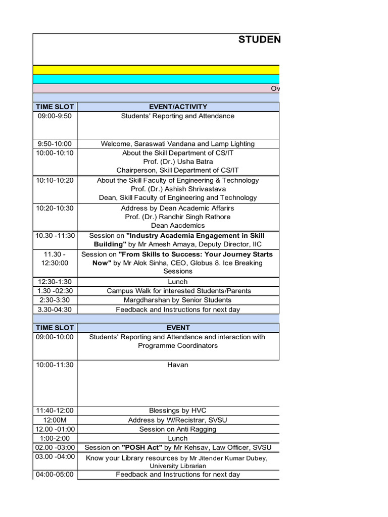 Student Induction Program Schedule 2024 | PDF