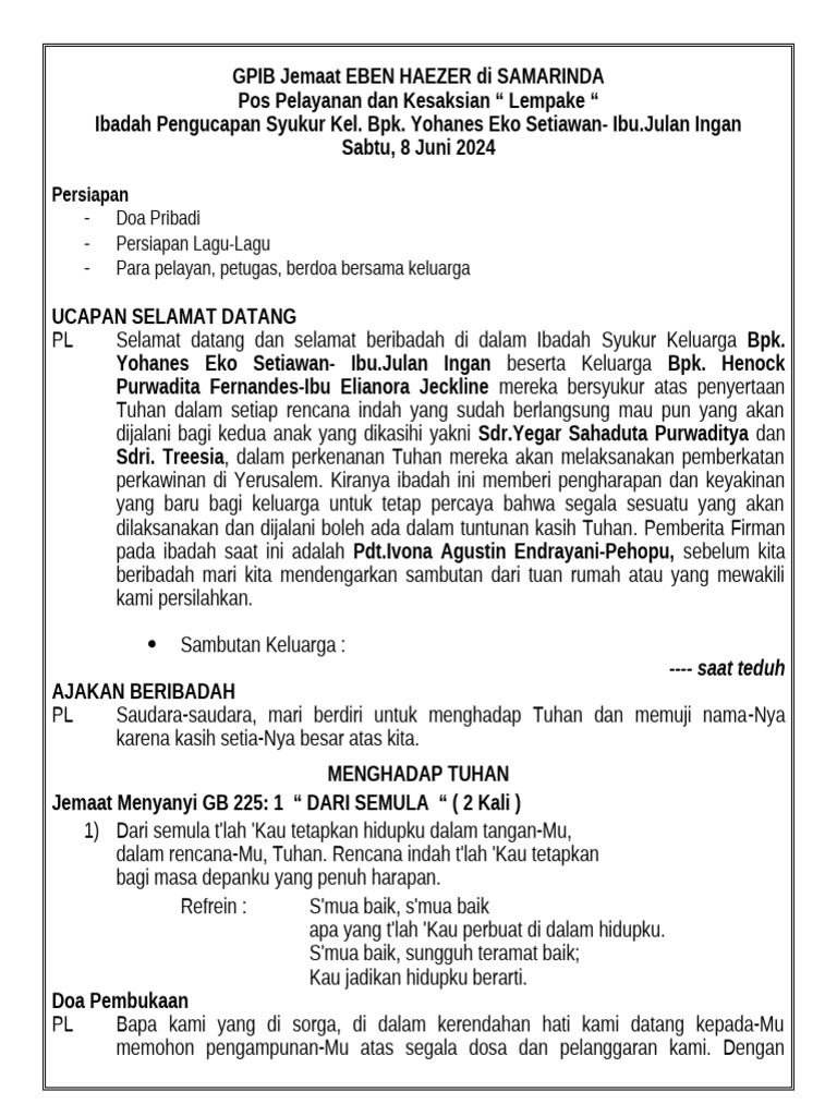 IBADAH PENGUCAPAN SYUKUR Keluarga Bapak Eko | PDF