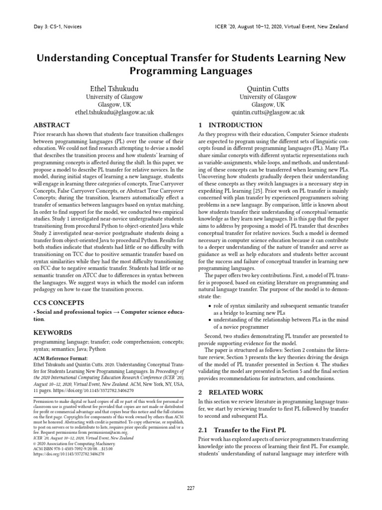 Understanding Conceptual Transfer for Students Learning New Programming Languages | PDF ...