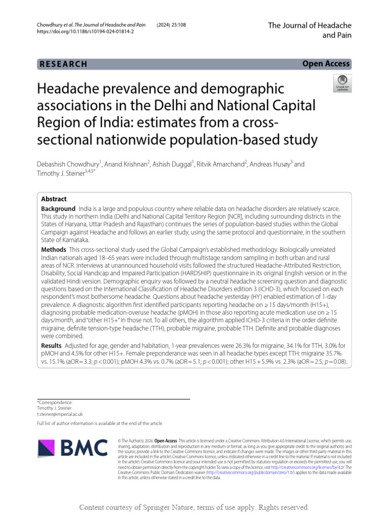 Headache Prevalence and Demographic Associations I | PDF | Headache ...