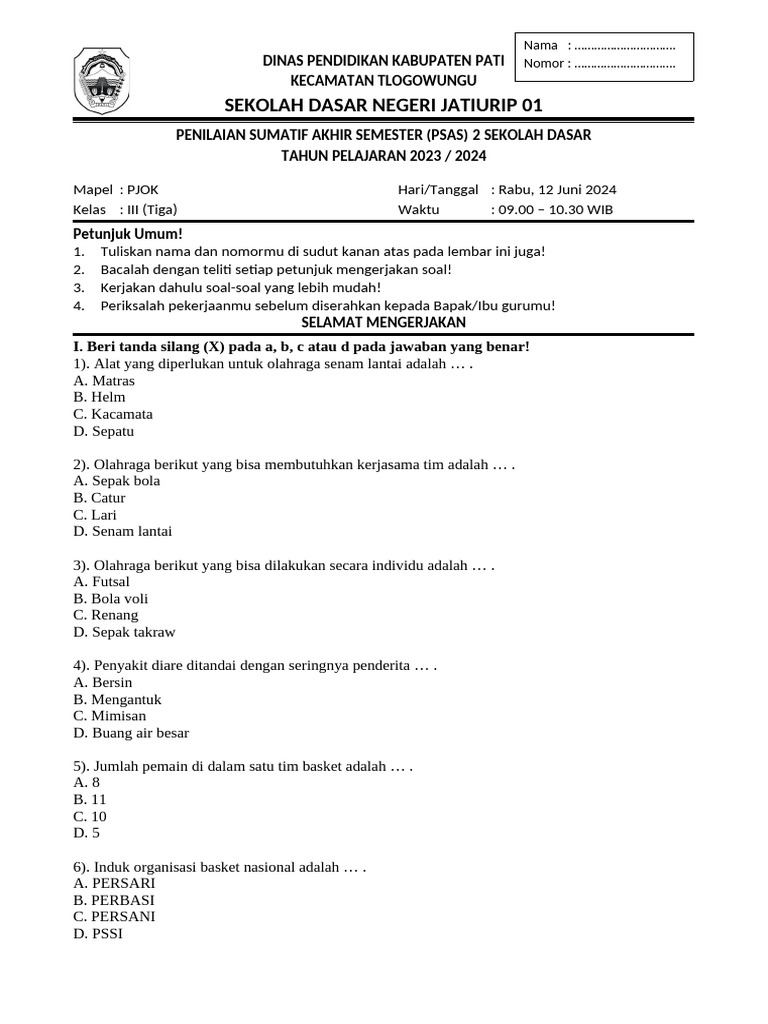 Soal Psas 2 Kelas 3 Pjok | PDF