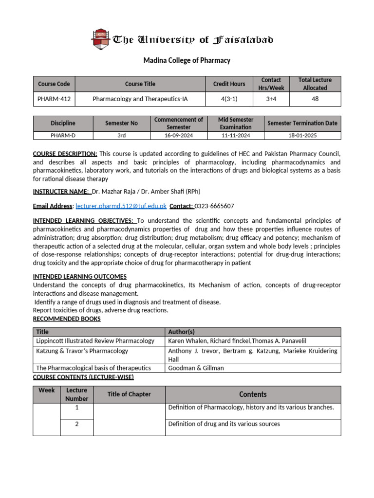 Madina College of Pharmacy: Course Code Course Title Credit Hours ...