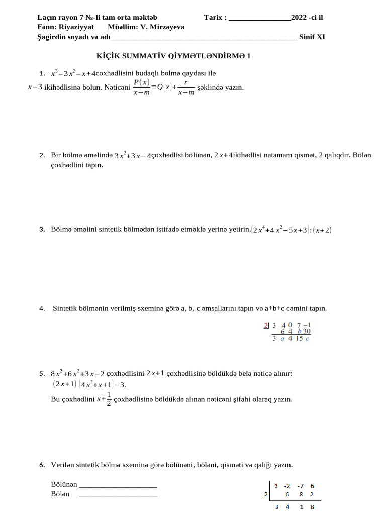 XI Sinif Riyaziyyat KSQ 1 - Venera Mirzəyeva | PDF