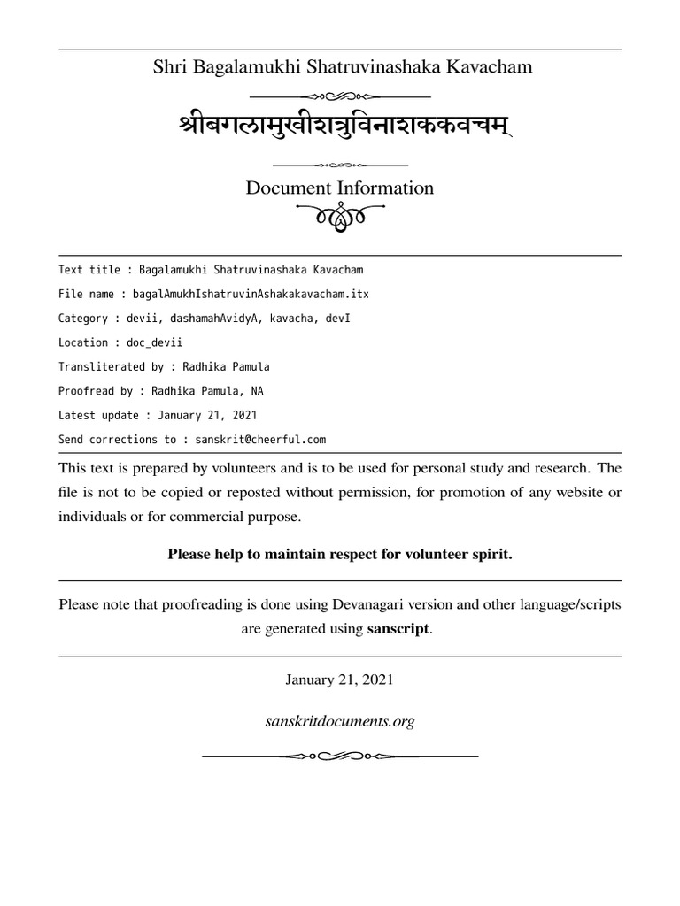 Bagal Amukh Ishatruvin Ashakakavacham | PDF